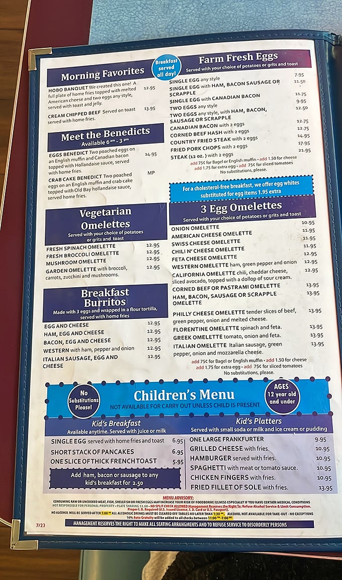 This isn't just a menu; it's a roadmap to happiness. The "Meet the Benedicts" section alone could solve most of life's problems.