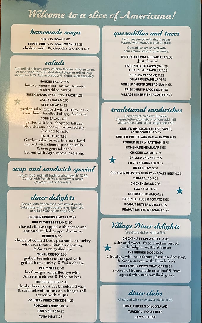 A menu that proudly declares itself "a slice of Americana!" No foodie pretension here&mdash;just honest comfort food that's stood the test of time.