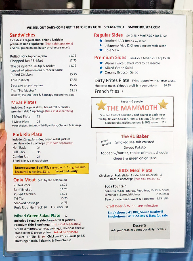 The menu reads like a love letter to smoked meat enthusiasts, with the legendary "Mammoth" platter daring you to bring your biggest appetite.