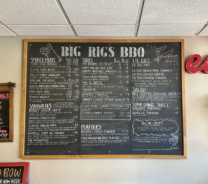 A chalkboard menu of smoked dreams. Each handwritten item represents hours of patience, skill, and the kind of dedication that makes barbecue an art form.
