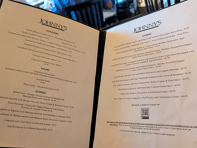 The menu reads like a love letter to Italian-American cuisine, with that legendary rack of lamb stealing the spotlight.
