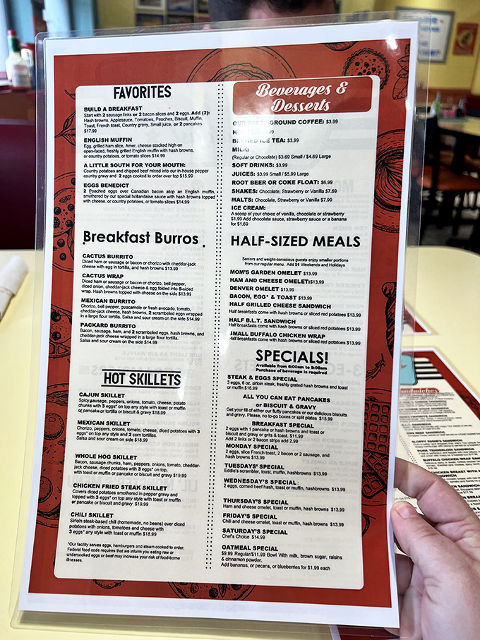 This menu isn't just laminated&mdash;it's a treasure map to culinary happiness. The breakfast burrito section alone deserves its own zip code.