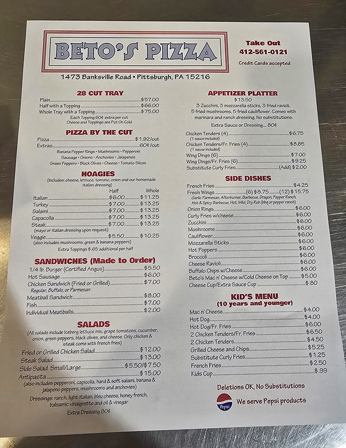 The legendary menu board &ndash; a roadmap to culinary adventure where "Pizza by the Cut" isn't just a serving style, it's a philosophy.