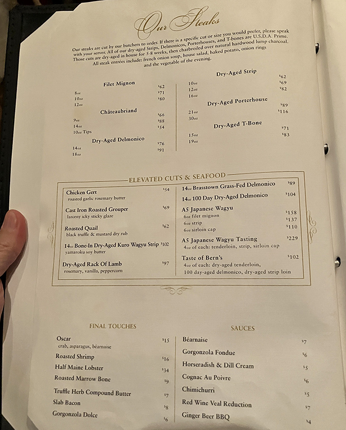 The menu reads like a love letter to carnivores, with steaks specified by exact thickness and cooking method. Decision paralysis never tasted so good!