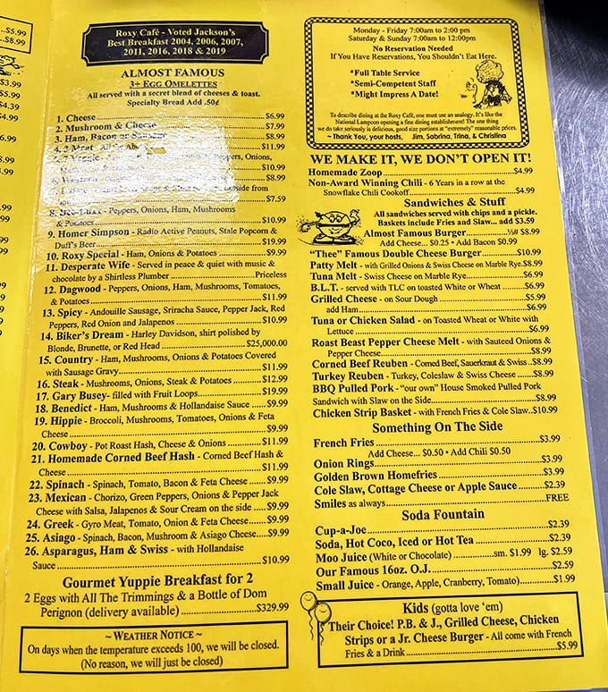 A menu that doesn't just list food but tells jokes too. The "Weather Notice" alone is worth the trip to Jackson.