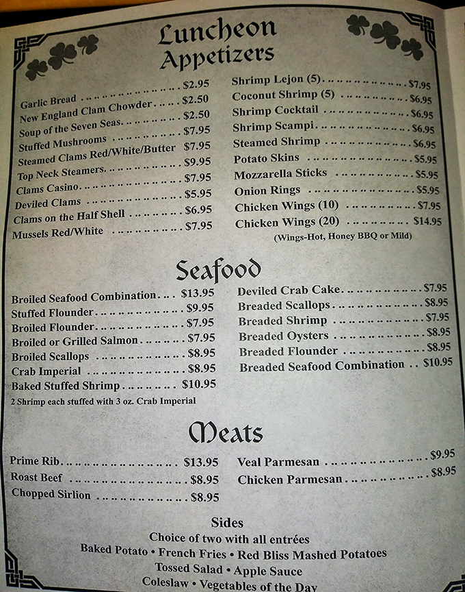 A menu that reads like a love letter to both land and sea. The shamrock-adorned offerings promise Irish hospitality with every carefully crafted dish.
