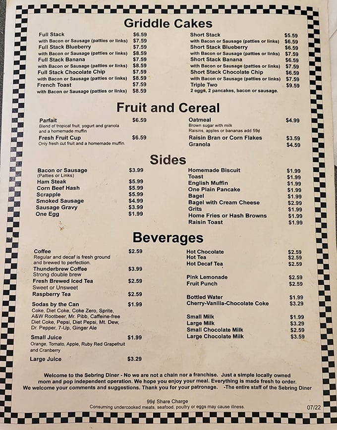 A menu bordered with that iconic diner checkerboard pattern is like sheet music for breakfast symphonies. Each line promises a different movement in your morning masterpiece.