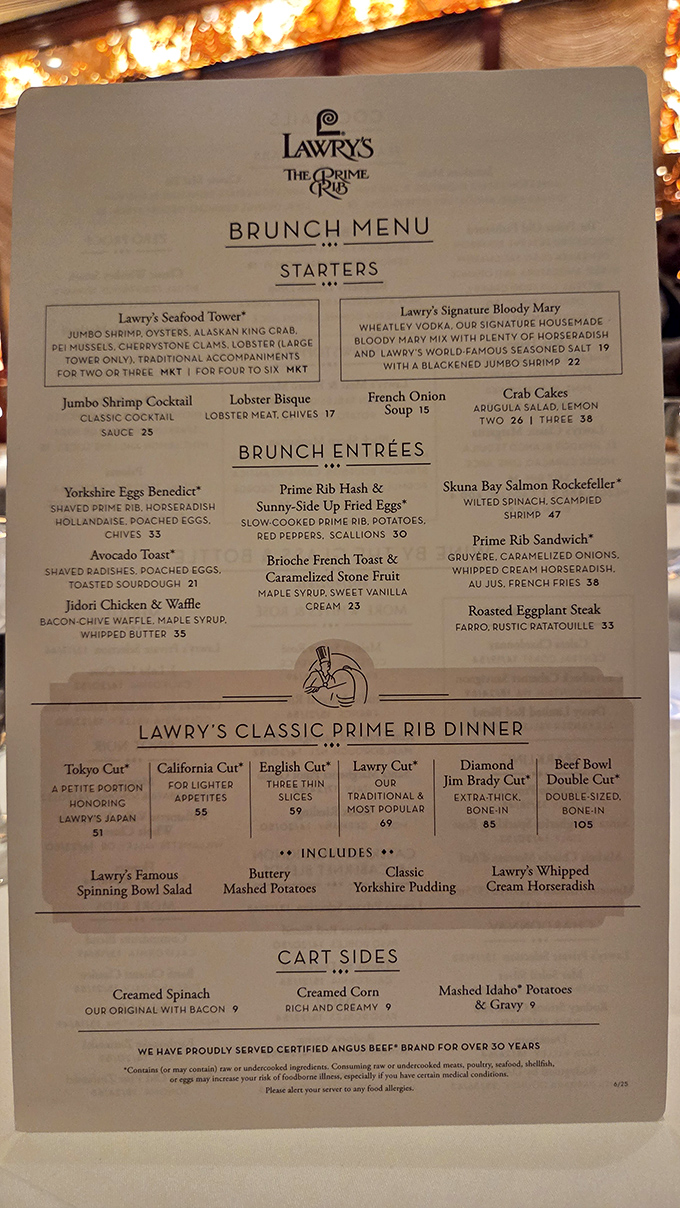 The menu reads like a love letter to carnivores. Notice how everything orbits around those legendary prime rib cuts&mdash;from Tokyo to Diamond Jim Brady.