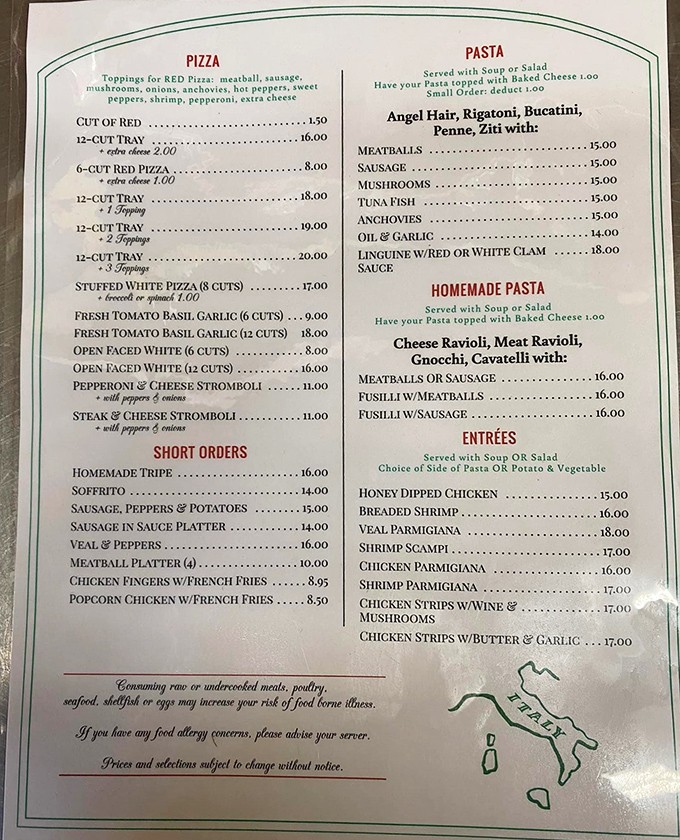 The menu reads like a love letter to Italian-American cuisine, with each dish representing generations of culinary tradition.