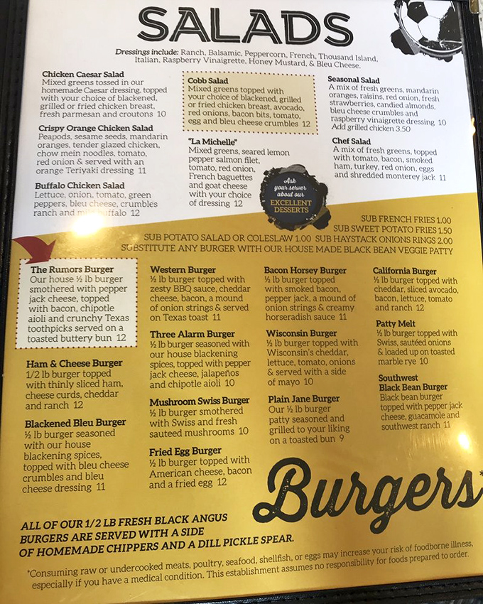 The menu tells the real story – burgers with personality, creative salads, and the promise of homemade potato chips that'll ruin store-bought forever.