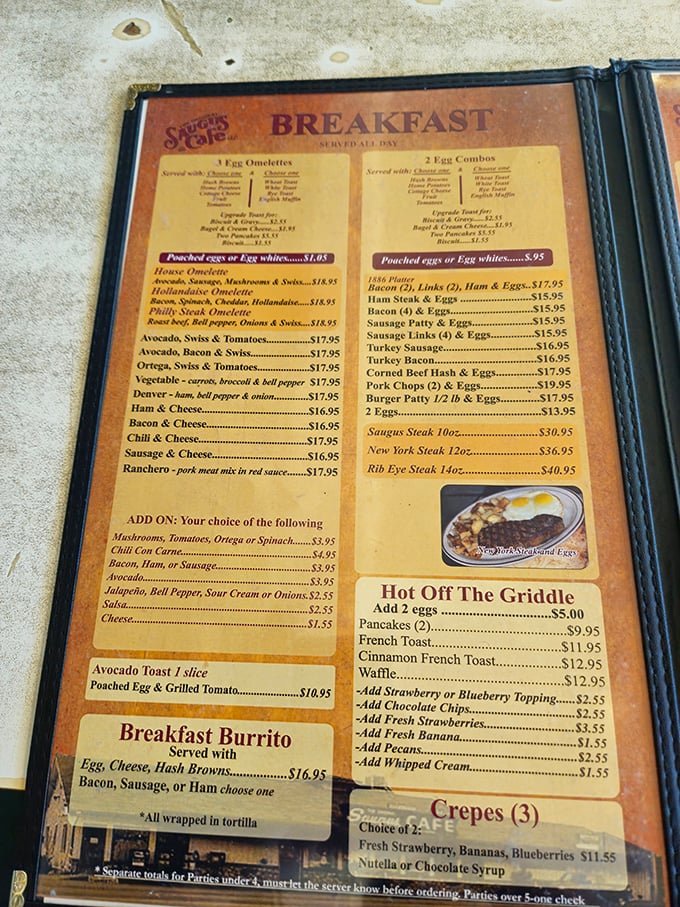 The breakfast menu reads like a love letter to morning comfort, featuring everything from fluffy pancakes to hearty omelets.