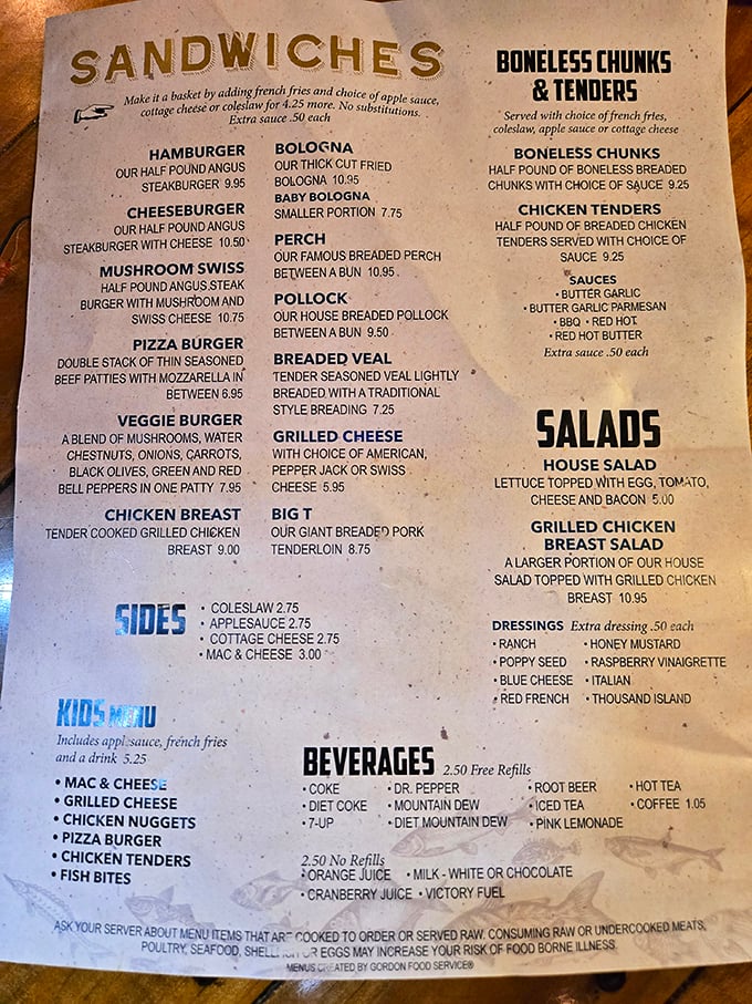 No fancy font tricks or pretentious descriptions here&mdash;just honest food at honest prices. The menu tells you exactly what you're getting, with that famous perch sandwich front and center.