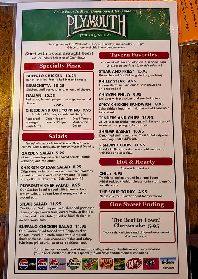 The menu reveals Plymouth's extensive offerings, but let's be honest &ndash; you're here for those famous wings.