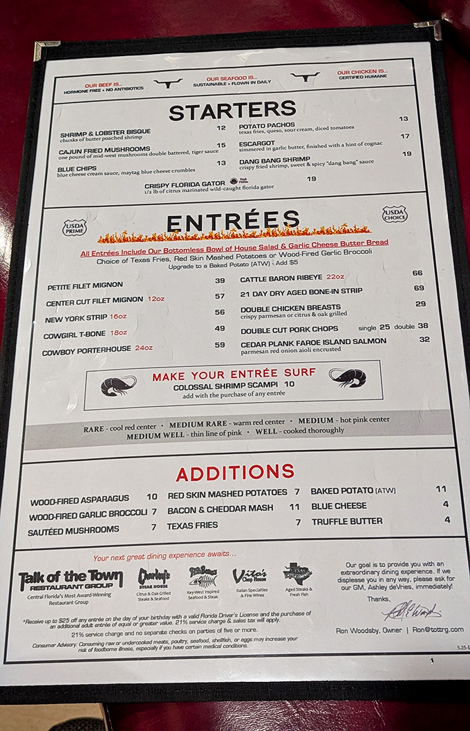 A menu that gets straight to the point: exceptional steaks with colorful cowboy names. When a restaurant calls its ribeye the "Cattle Baron," you know they mean business.