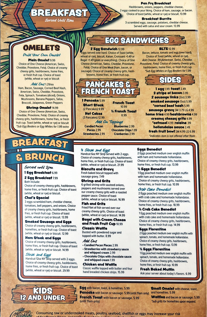 A breakfast menu that reads like a love letter to morning comfort food, served until closing time.