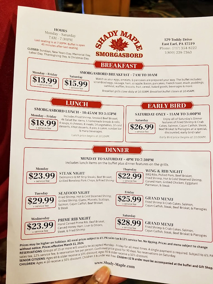 This menu isn't just a price list&mdash;it's a roadmap to culinary adventure with themed nights that would make a food calendar jealous.