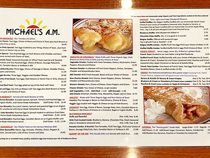 The menu reads like a love letter to morning hunger, with each description promising the kind of satisfaction that makes you plan your next visit before finishing your first.