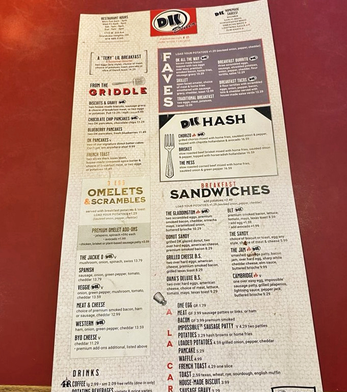 The menu at DK Diner reads like a love letter to breakfast, with sections dedicated to griddle favorites and omelets that defy gravity.