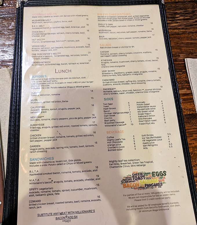 A menu that reads like a love letter to breakfast classics, with each item promising the kind of satisfaction that makes Monday mornings bearable.