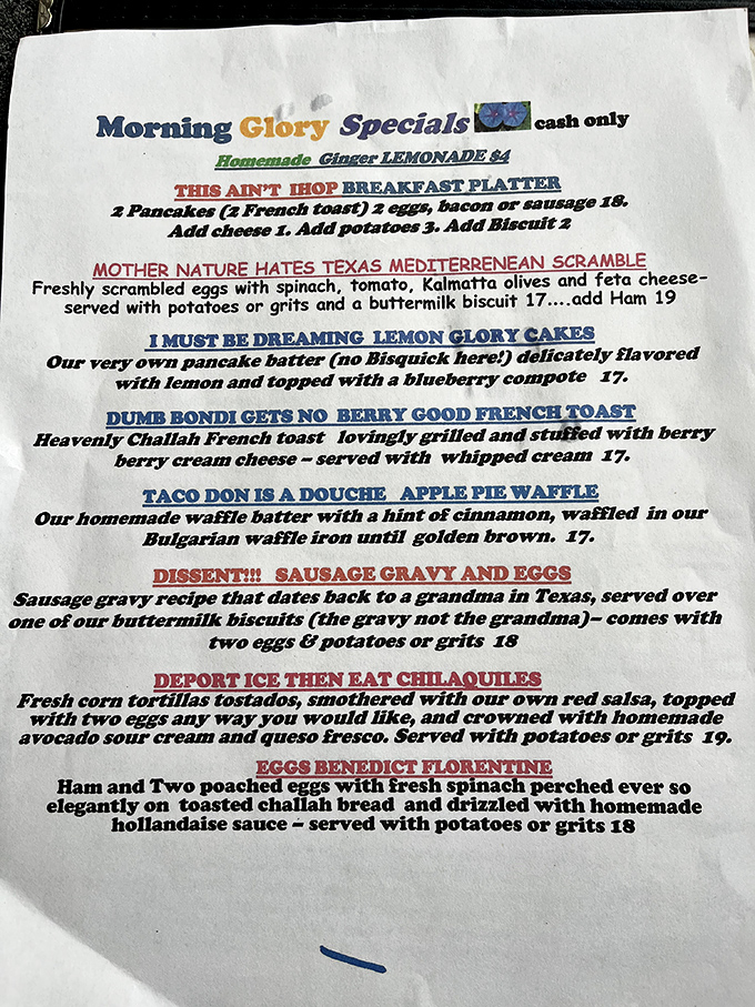 The menu reads like a comedy club set list, with dishes named "Taco Don is a Douche" and "Deport ICE Then Eat Chilaquiles" &ndash; breakfast with attitude.