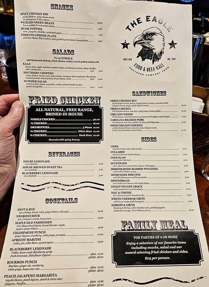 The menu reads like a love letter to Southern comfort food—fried chicken, mac and cheese, and cocktails that'll make your taste buds dance.