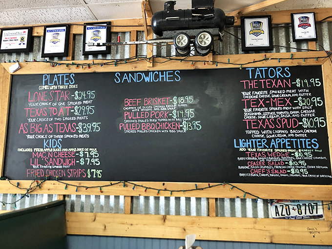 The chalkboard menu speaks the universal language of BBQ devotion. Notice there's no "small portion" option&mdash;they know their audience.