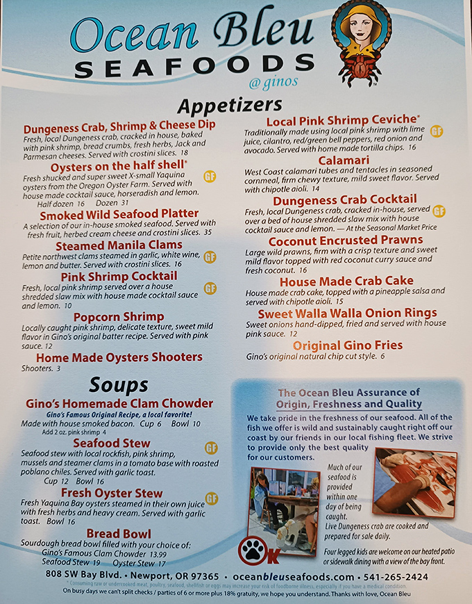 This menu isn't just a list of options &ndash; it's a treasure map to Neptune's bounty. The "Ocean Bleu Assurance" isn't marketing fluff; it's the difference between eating seafood and experiencing it.