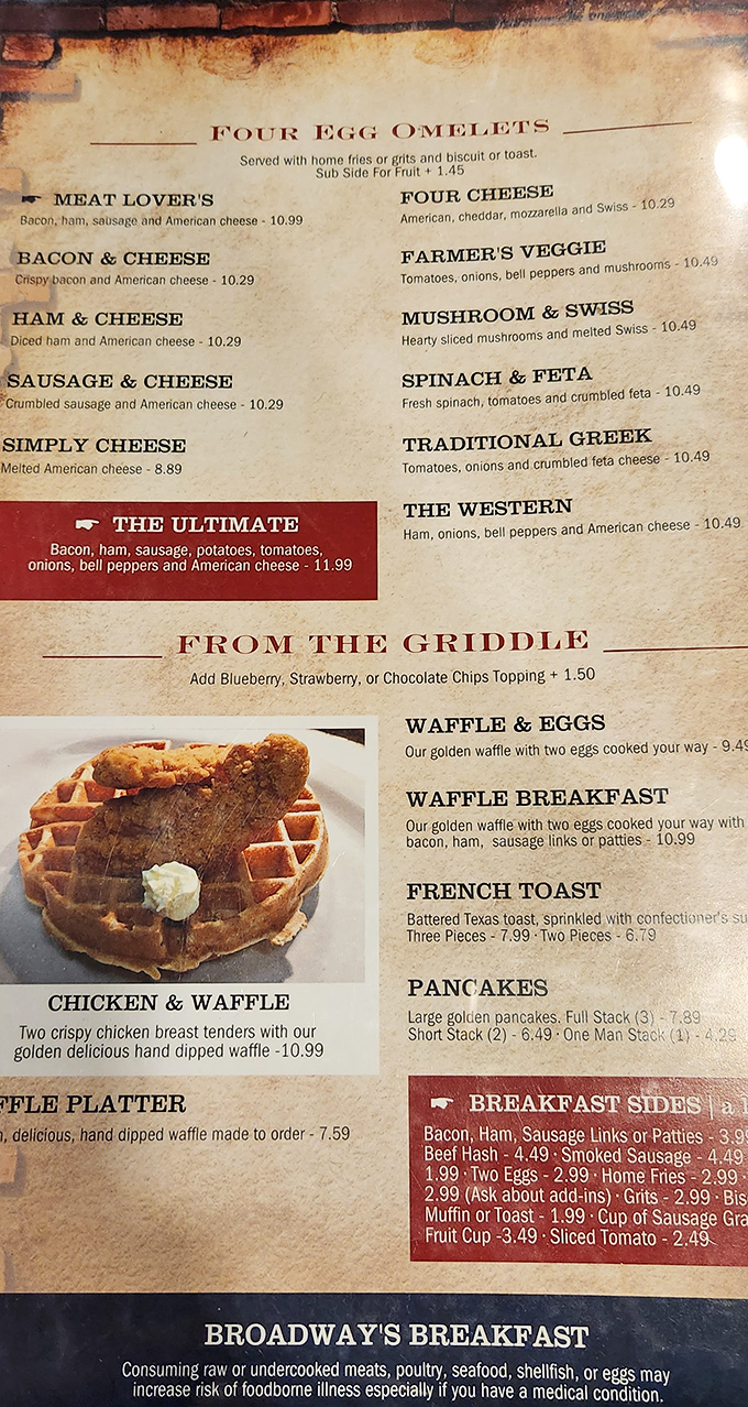 The menu reads like a love letter to breakfast classics. Four-egg omelets? That's not a meal, that's a commitment!