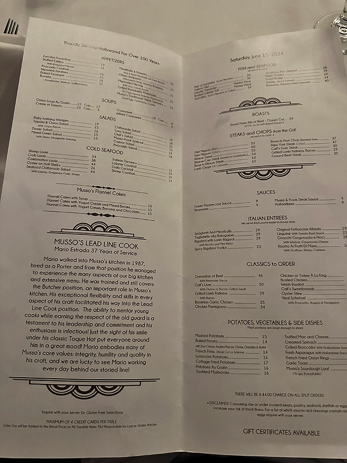 The menu reads like a time capsule of American dining. Classic dishes that have stood the test of time, just like the restaurant itself.