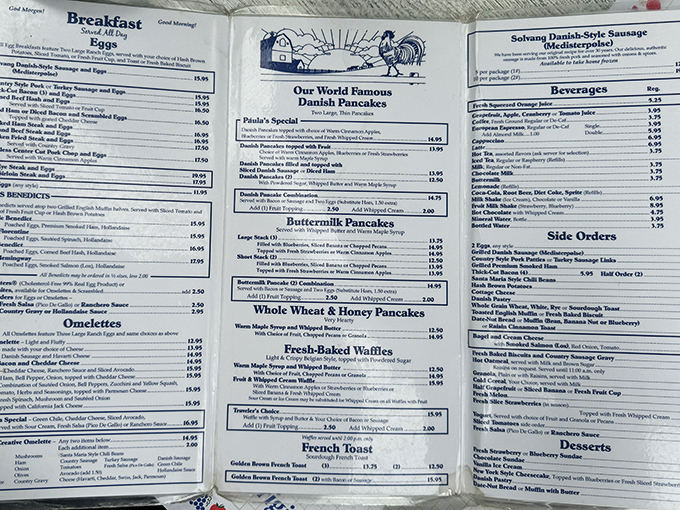 This menu isn't just a list of food—it's a treasure map to breakfast nirvana, with "World Famous Danish Pancakes" as X marks the spot.