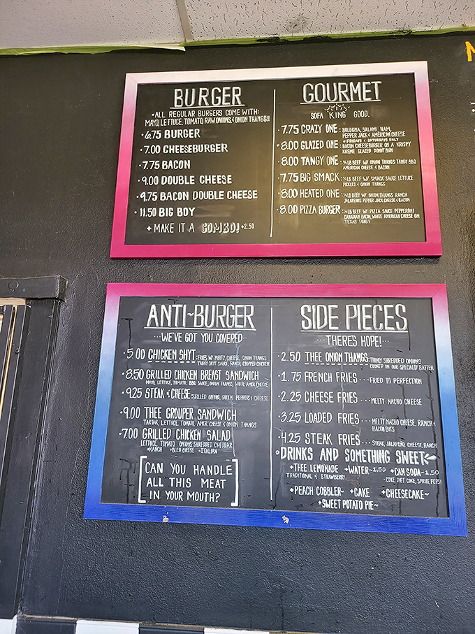 The menu board lays out life's important decisions with refreshing clarity&mdash;regular burgers on the left, gourmet creations on the right, and happiness guaranteed throughout.