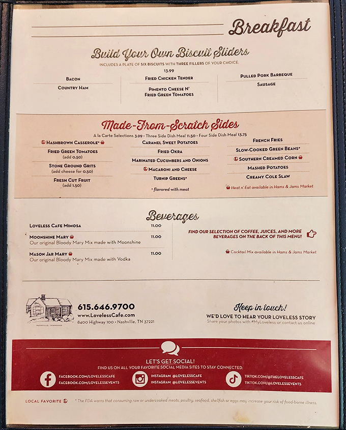 The menu reads like a love letter to Southern breakfast. "Build Your Own Biscuit Sliders" might be the three most beautiful words in English.