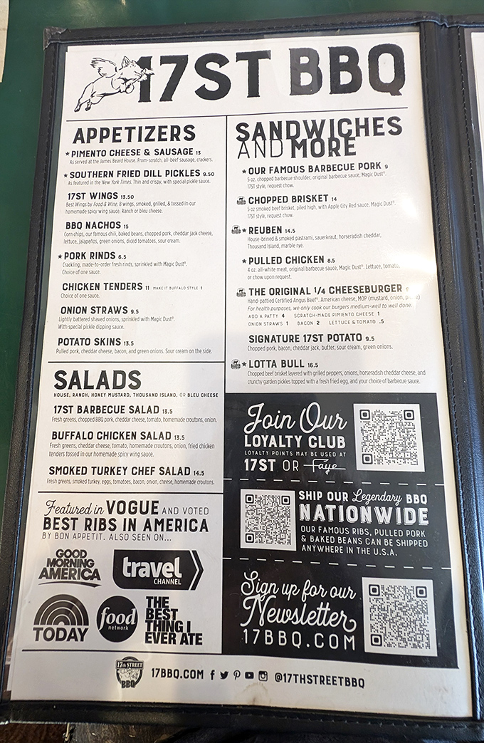 The menu reads like barbecue poetry, each item promising the kind of flavor that makes vegetarians question their life choices.