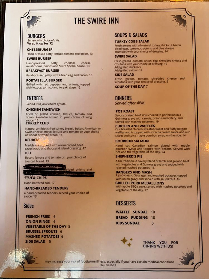 The menu reads like a love letter to comfort food classics, with that legendary pot roast taking center stage in the dinner section.