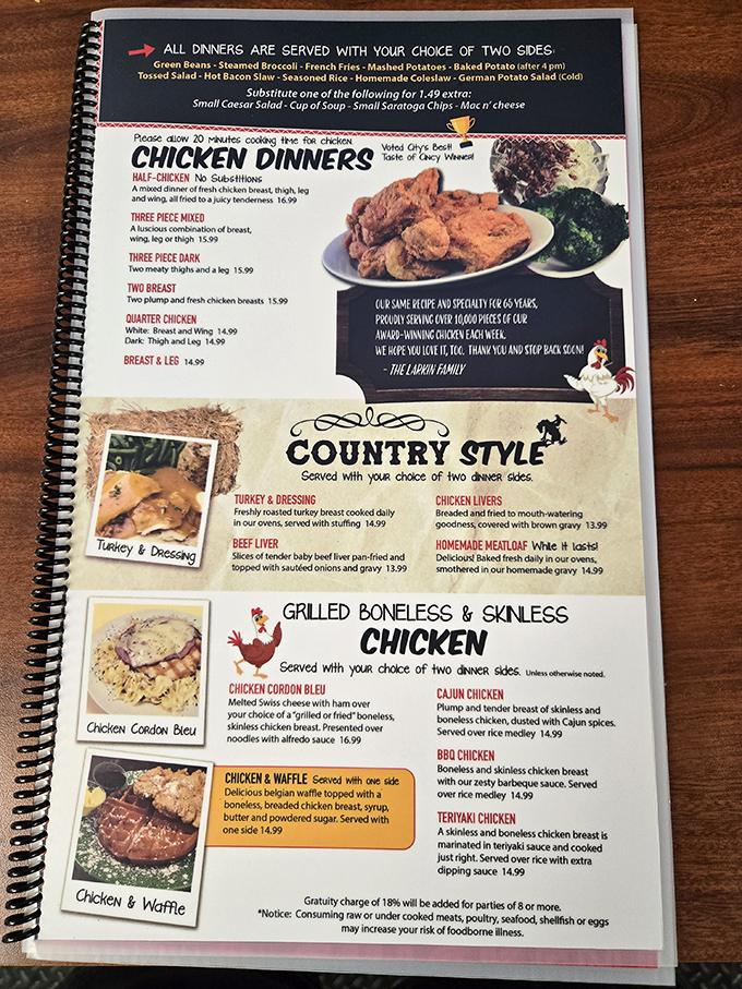 The menu reads like a love letter to Midwestern comfort food, with chicken dinners taking center stage in this culinary theater of tradition.