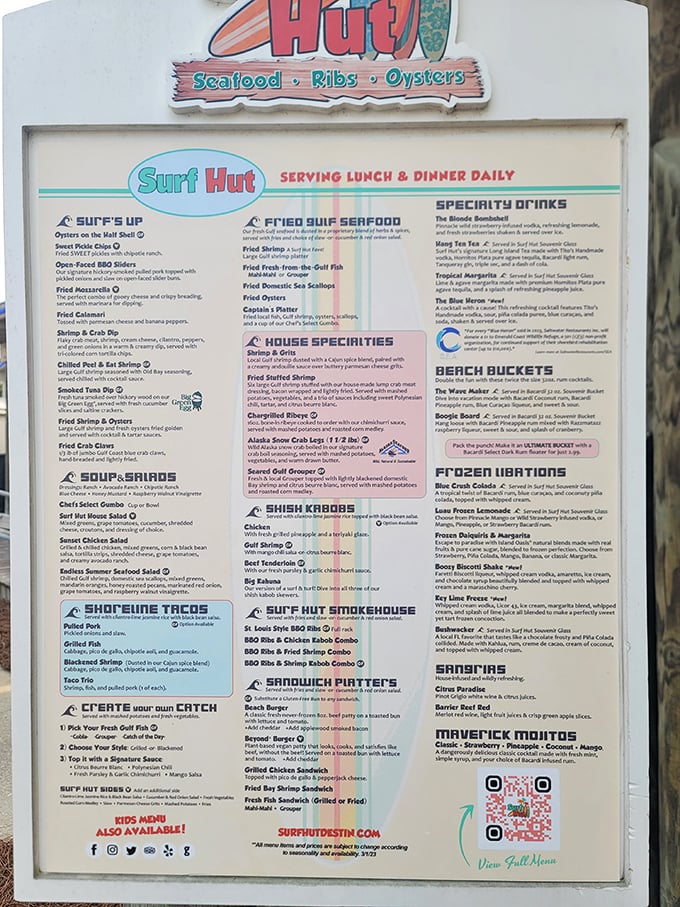 This menu isn't just a list—it's a treasure map to seafood nirvana. The fish taco section alone deserves its own ZIP code.