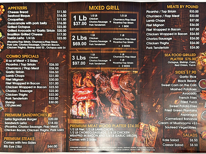 This menu isn't just a list&mdash;it's a roadmap to carnivorous bliss. The mixed grill section alone could bring tears to a meat lover's eyes. 