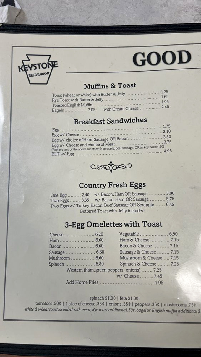 A menu that reads like poetry to the breakfast-obsessed. Notice how reasonably priced everything is? That's not a typo &ndash; that's diner magic.