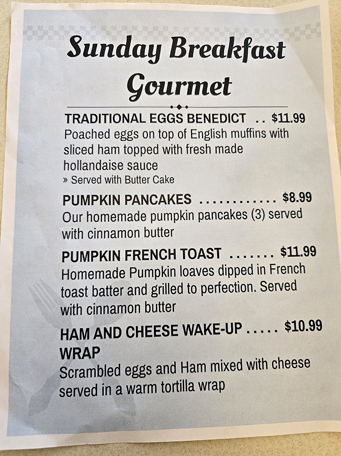The Sunday breakfast menu reads like poetry for the hungry soul. Pumpkin pancakes with cinnamon butter? Yes, please!