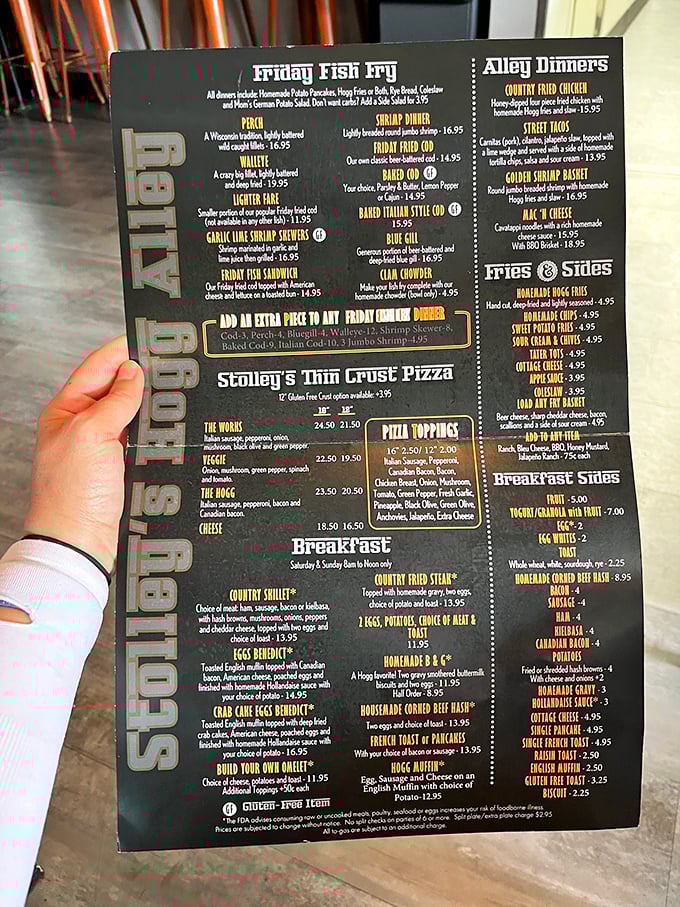 A menu that reads like a love letter to Wisconsin appetites. Fish options abound, but don't sleep on that thin-crust pizza hiding at the bottom.