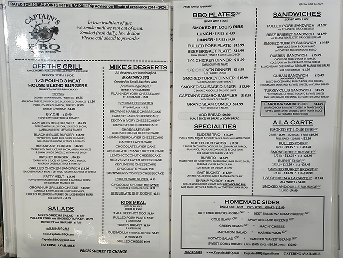 The menu board &ndash; a roadmap to smoked meat paradise. Each line represents a potential life-changing barbecue experience, from ribs to brisket to homemade sides.