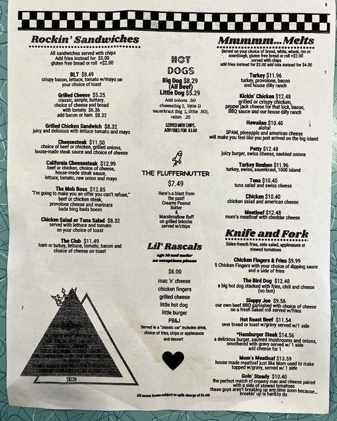 This menu isn't just a list of food&mdash;it's a roadmap to happiness with "Rockin' Sandwiches" and a "Fluffernutter" that would make Elvis proud.
