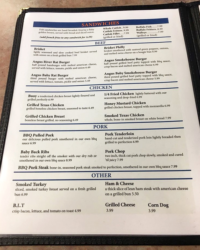A menu that reads like a love letter to Midwest comfort food, where "River Rat Burgers" aren't an insult but a delicious point of local pride.