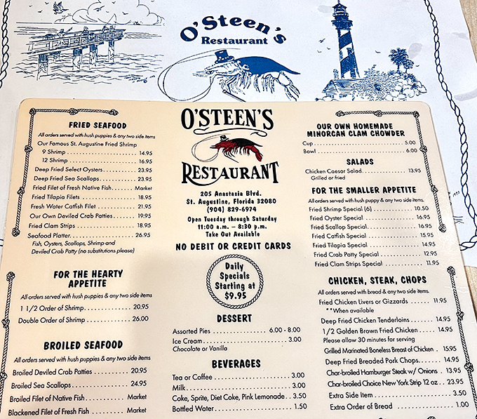 The menu at O'Steen's is like a treasure map where X marks every spot. Notice that "NO DEBIT OR CREDIT CARDS" warning&mdash;they're serious about that.