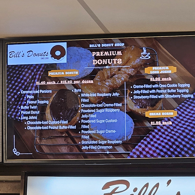 This menu board isn't just listing options&mdash;it's offering life choices. The hardest decision you'll make today is which donut to try first.