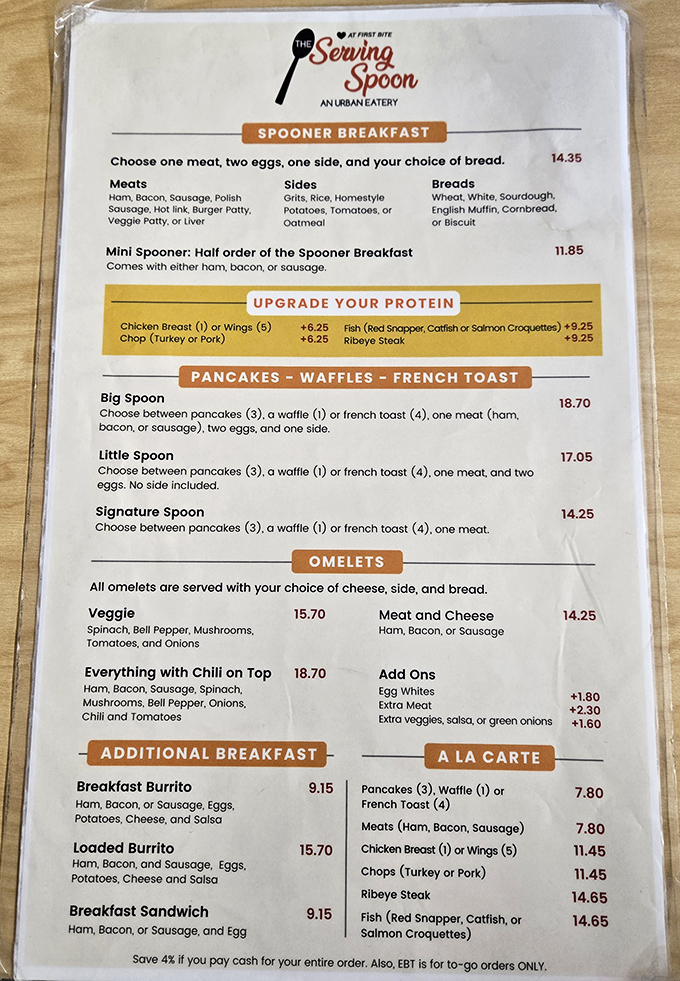 The menu reads like a love letter to Southern breakfast traditions. Each item promises a delicious journey south of the Mason-Dixon line.