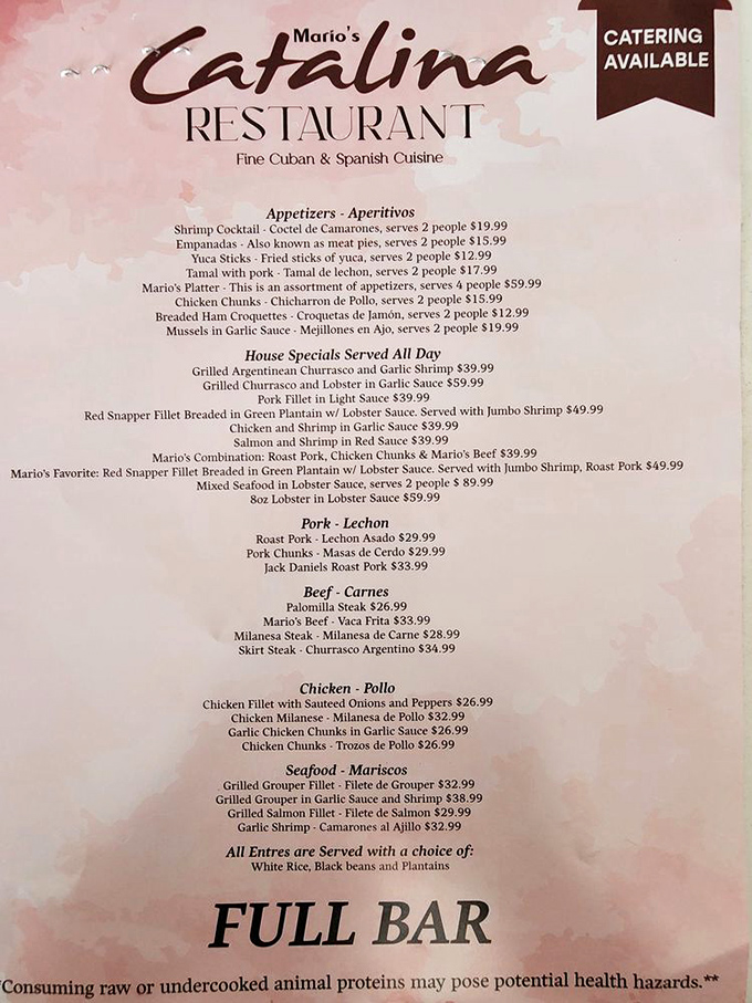 The menu reads like a love letter to Cuban cuisine—each dish a carefully crafted sentence in a delicious story that's been decades in the making.