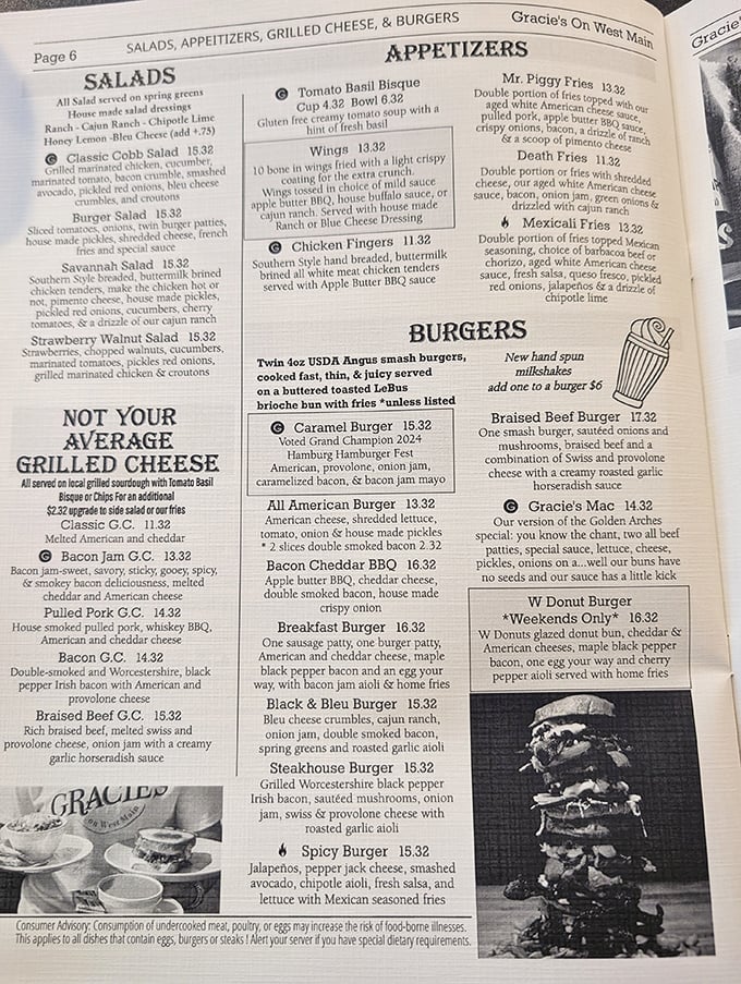 The menu reveals the true stars: "NOT YOUR AVERAGE GRILLED CHEESE" isn't just clever marketing&mdash;it's a delicious promise waiting to be fulfilled.