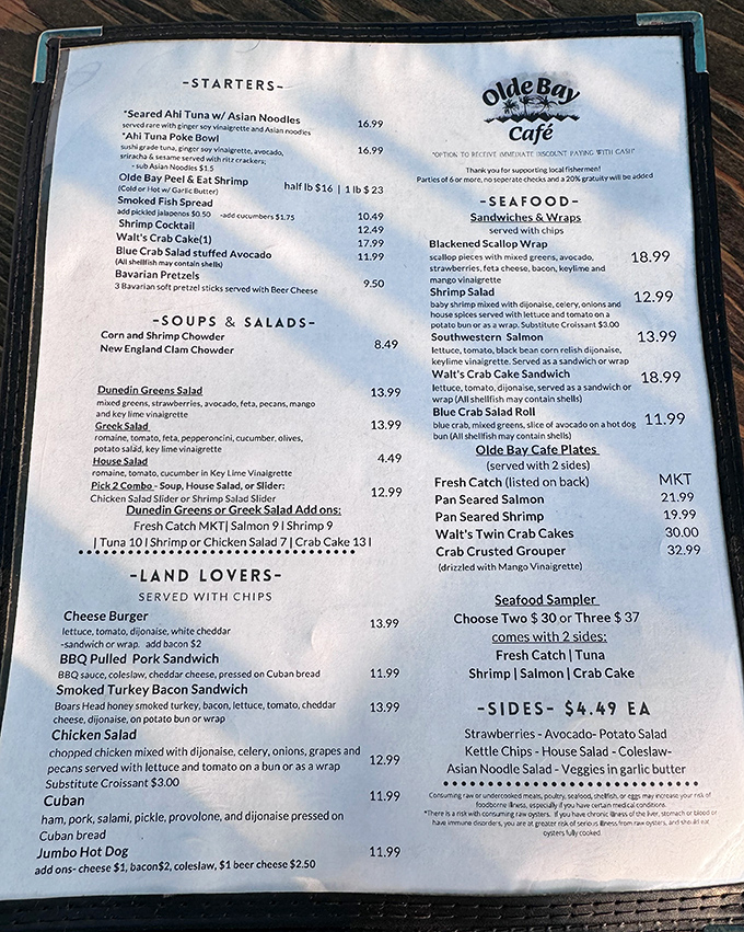 The menu reads like a love letter to the Gulf&mdash;seafood takes center stage while "Land Lovers" options ensure nobody leaves hungry.