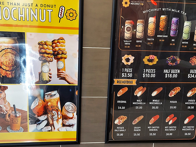 The menu board showcases Mochinut's triple threat: mochi donuts, Korean rice dogs, and milk teas&mdash;a trifecta of international delights.